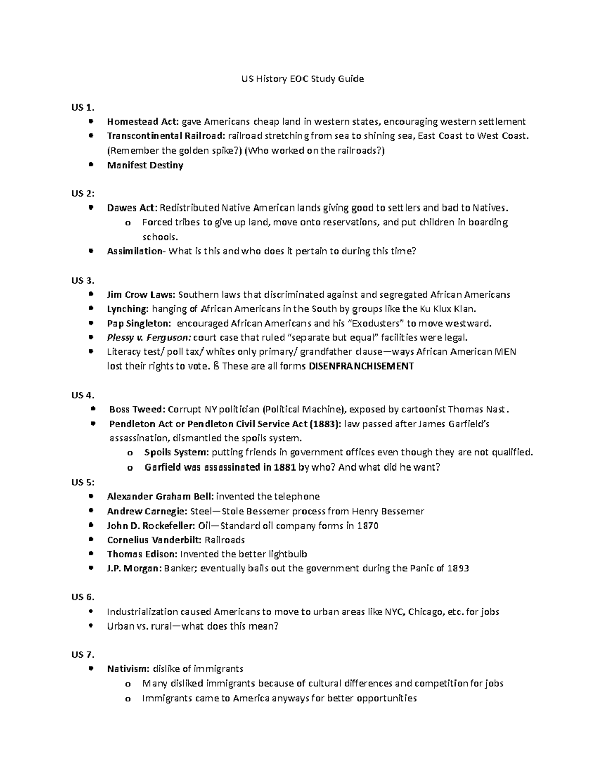 US History EOC Study Guide: Key Concepts & Events in American History ...