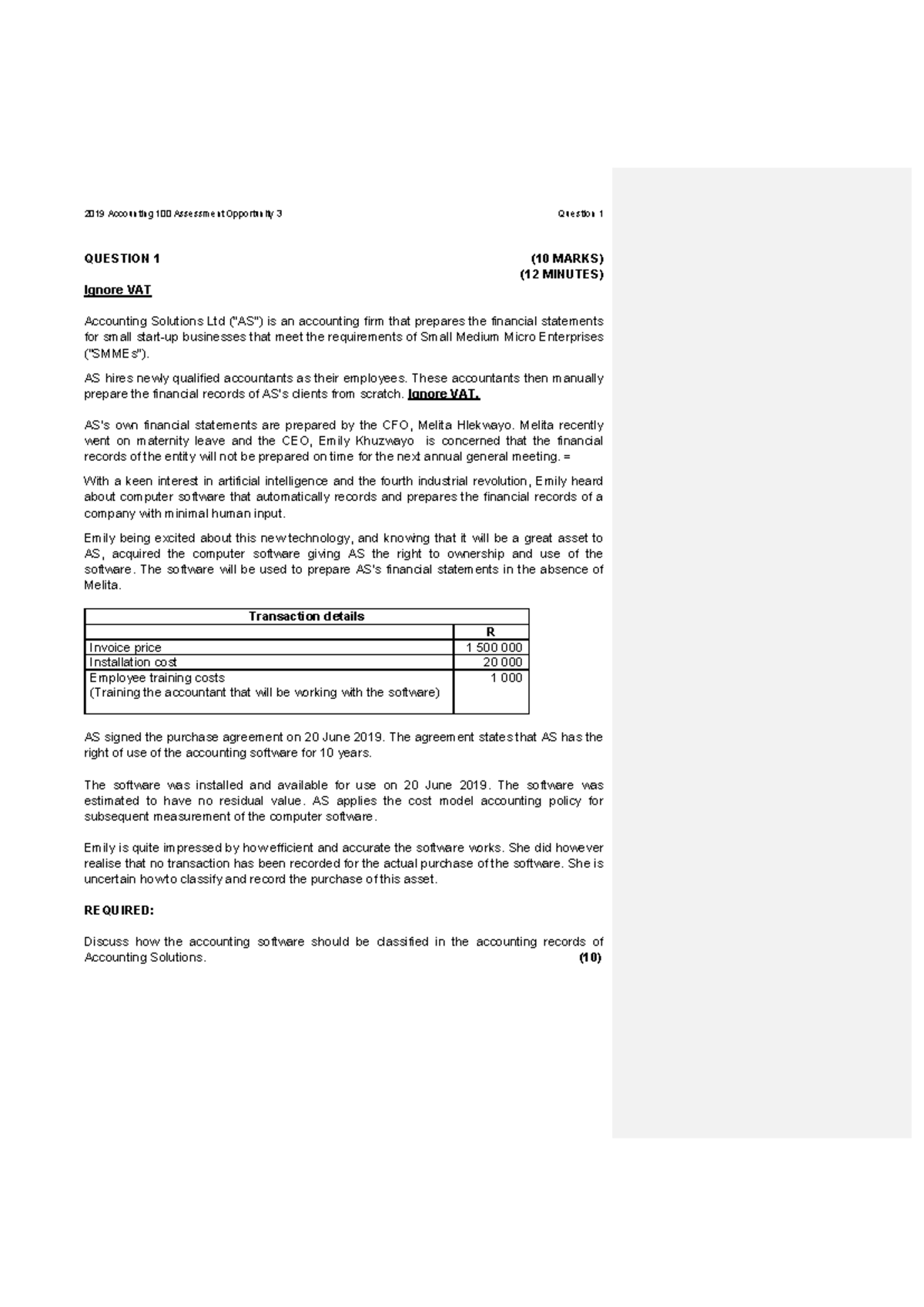 Accounting 100 Past Papers: 2019 Assessment Opportunity 3 Q1 Analysis ...