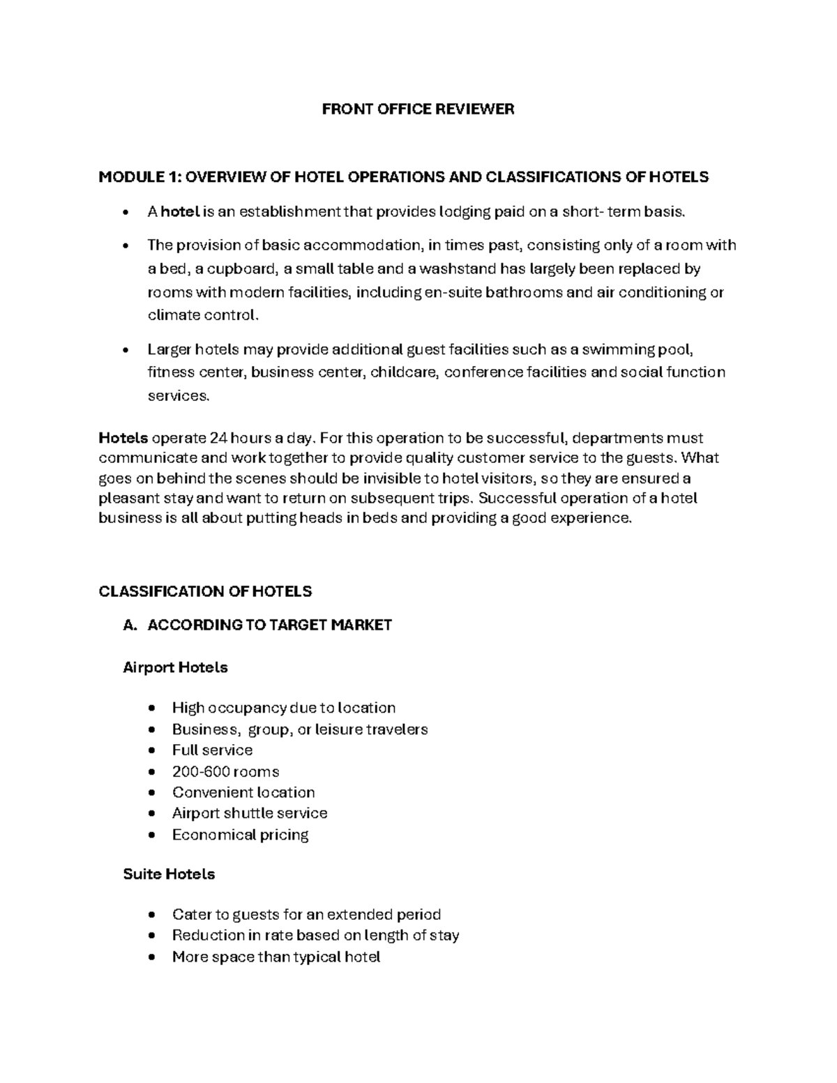 FRONT OFFICE REVIEWER MODULE 1: HOTEL OPERATIONS & CLASSIFICATIONS ...