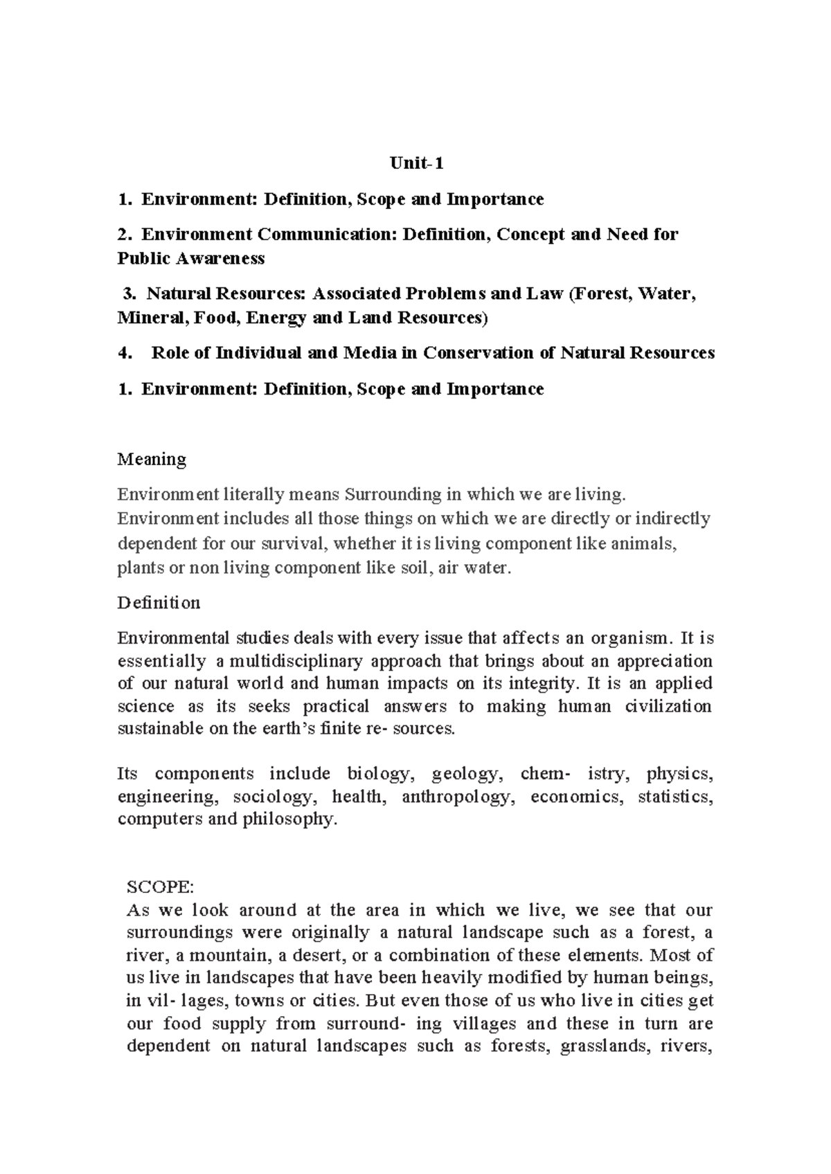 Unit I: EC 306 Environment Notes - Importance, Communication ...