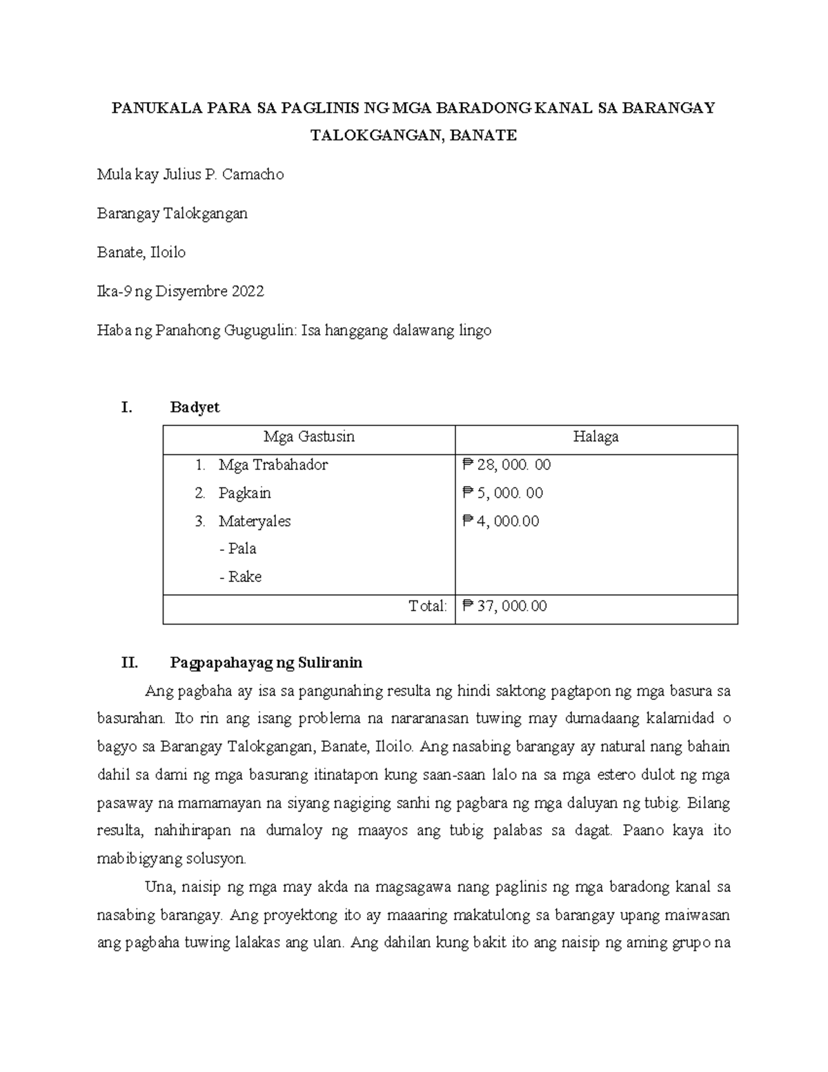 Panukalang Proyekto: Paglinis ng Baradong Kanal sa Brgy. Talokgangan ...
