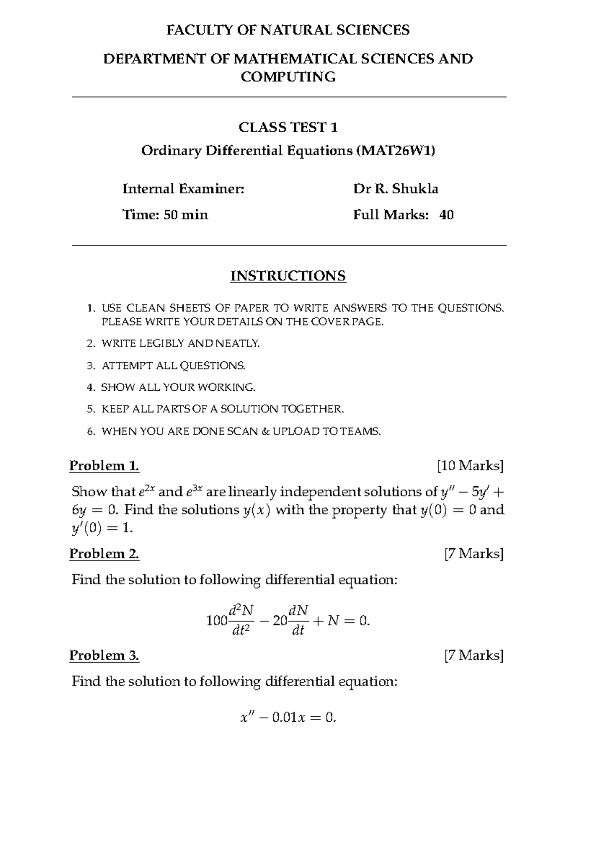 MAT26W1 Class Test 1: Ordinary Differential Equations - Studocu