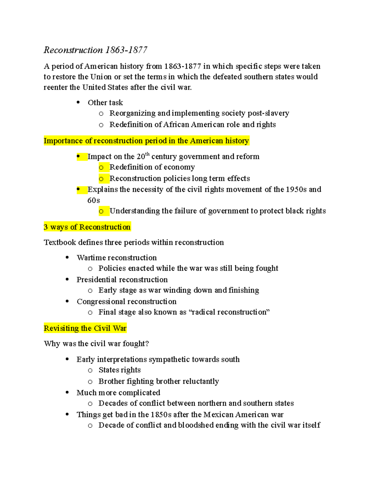 Reconstruction (1863-1877): Insights and Key Concepts Lecture Notes ...
