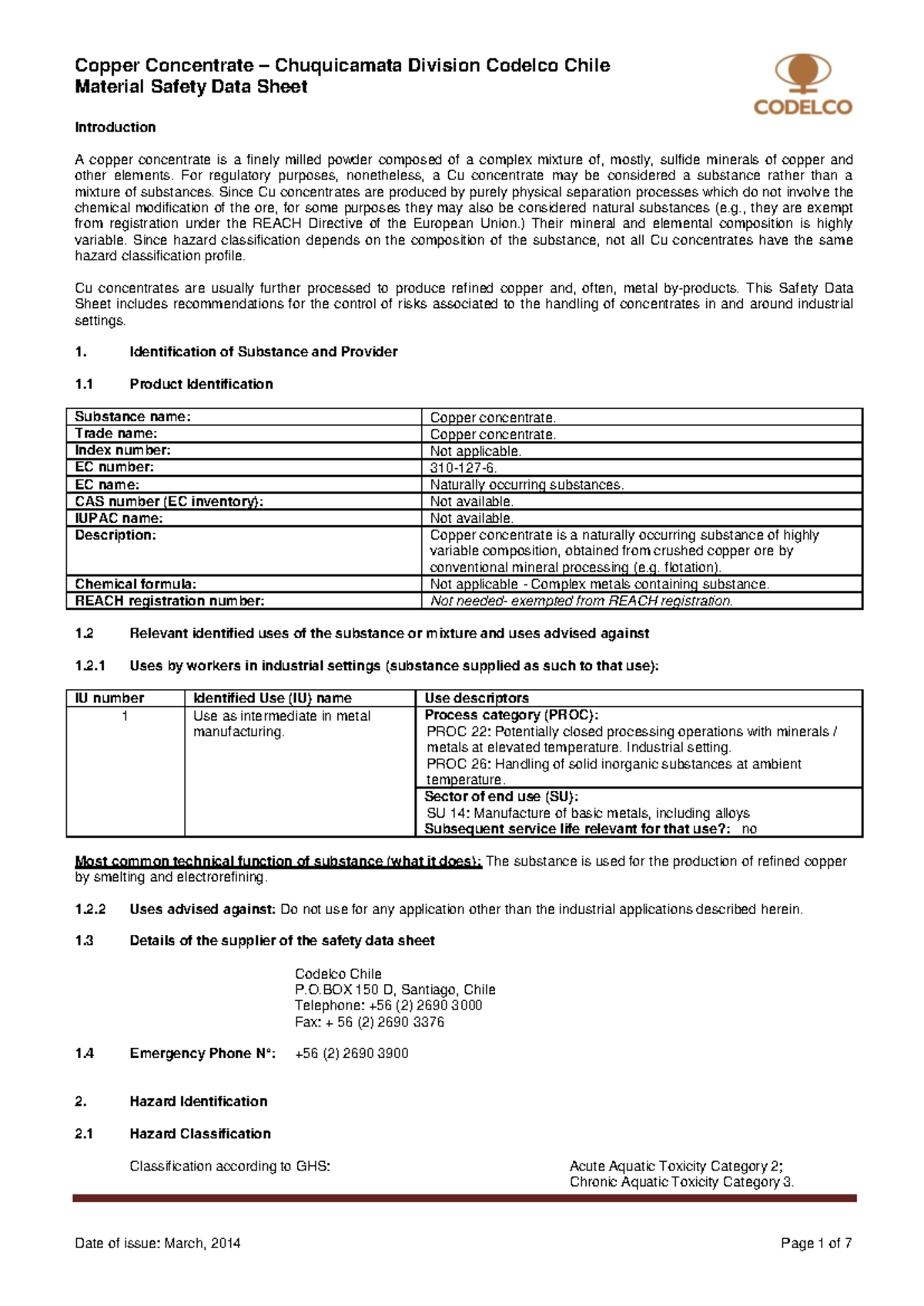 MSDS Cu Concentrate Chuquicamata March 2014 - Material Safety Data ...