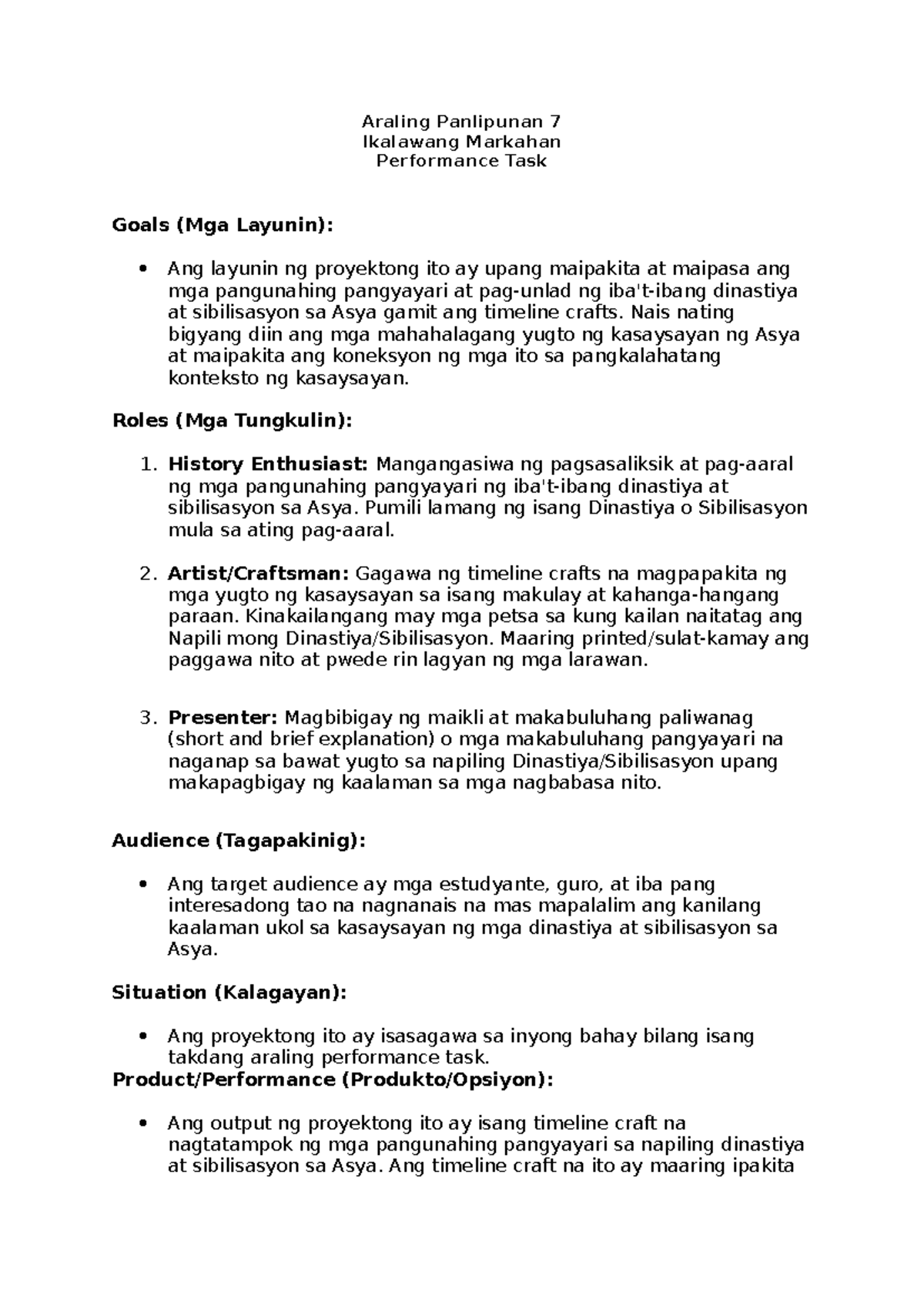Araling Panlipunan 7: Ikalawang Markahan Performance Task Timelines ...