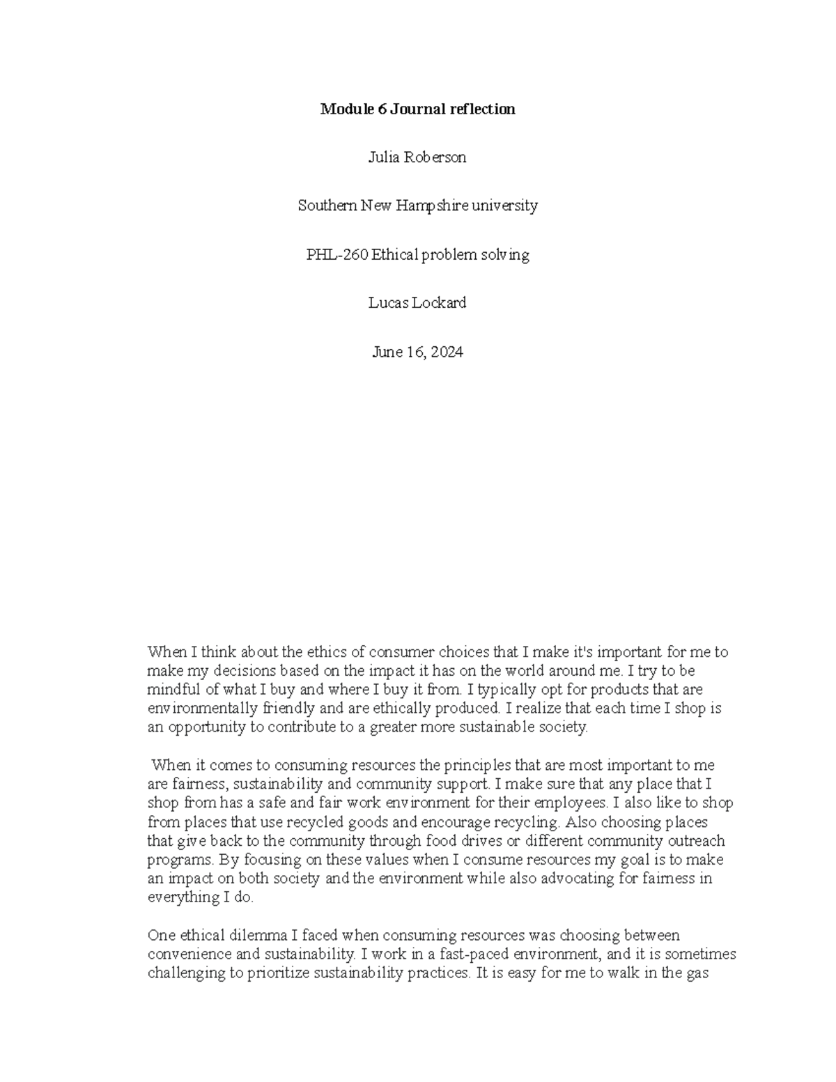 PHL-260 Module 6: Journal Reflection on Ethical Consumer Choices - Studocu