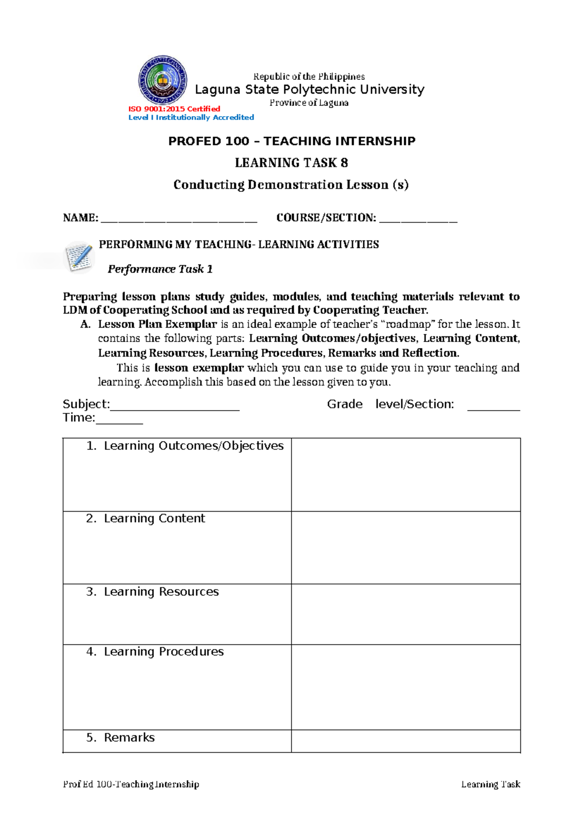 PROF ED 100 Teaching Internship Learning Task 8: Demo Lesson Prep - Studocu