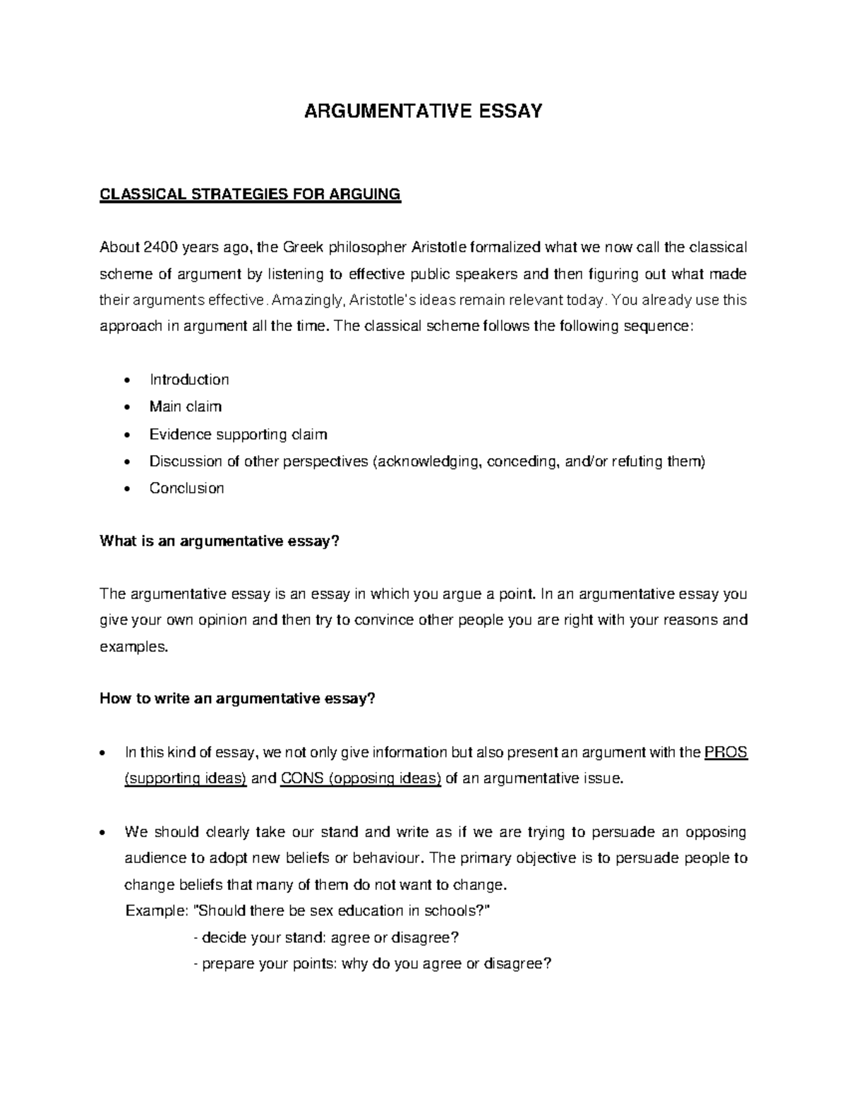 Argumentative Essay EP3 - ARGUMENTATIVE ESSAY CLASSICAL STRATEGIES FOR ...