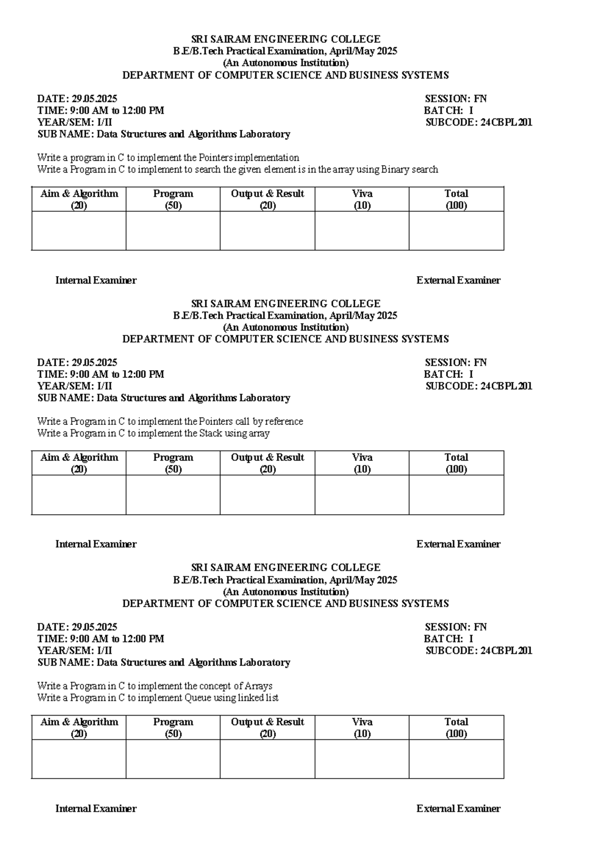 Data Structures and Algorithms Lab (24CBPL201) Practical Exam 2025 ...