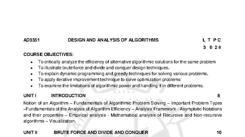 AD3351 DESIGN AND ANALYSIS OF ALGORITHMS - Course Overview - Studocu