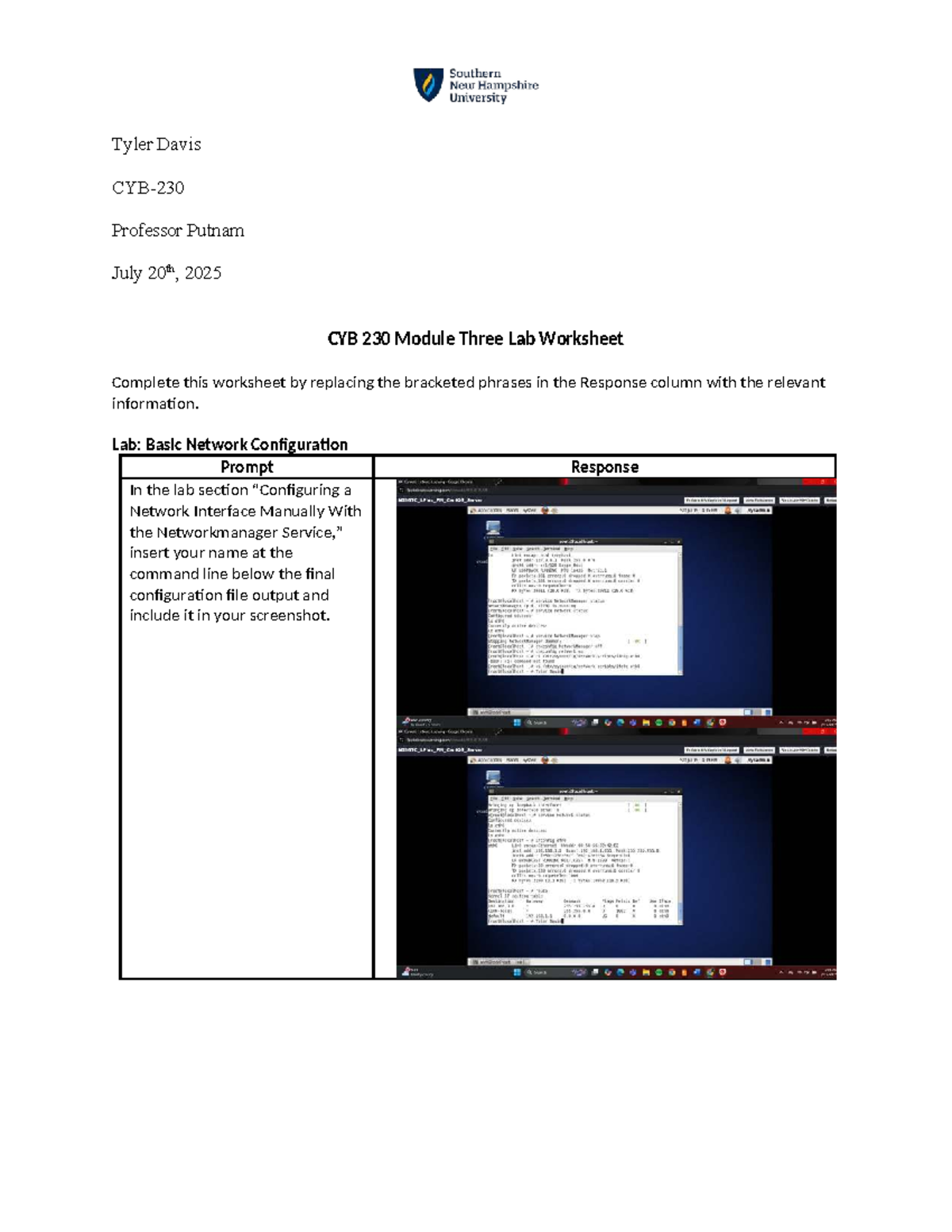 CYB 230 Module 3 Lab Worksheet: Network Config & Security Policies ...