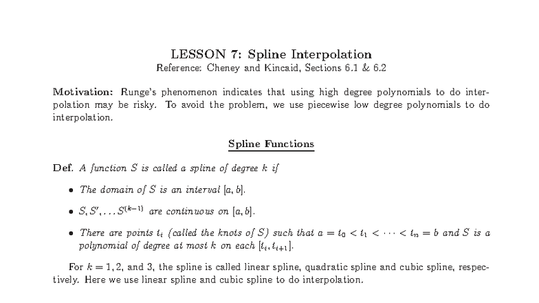LESSON 7: Spline Interpolation Techniques and Algorithms - Studocu