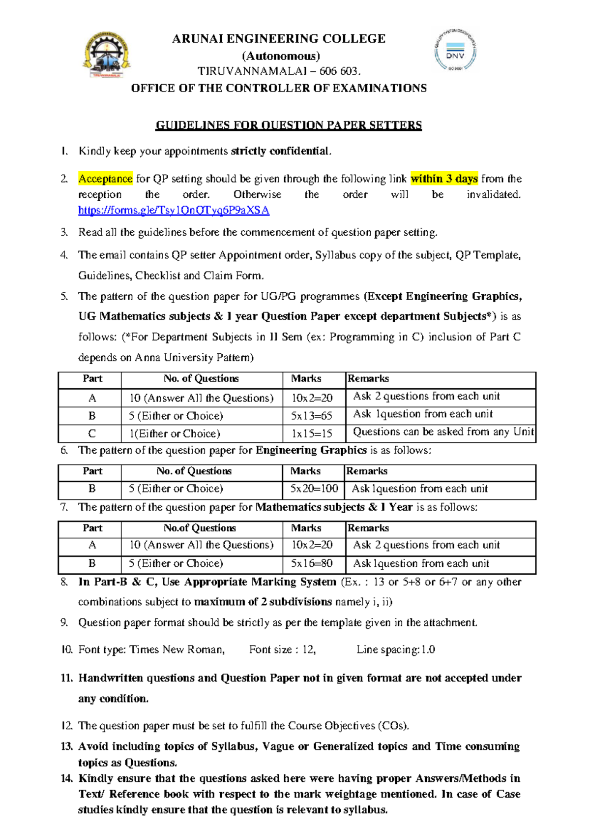 Guidelines for Question Paper Setters - ARUNAI ENG COLLEGE - Studocu