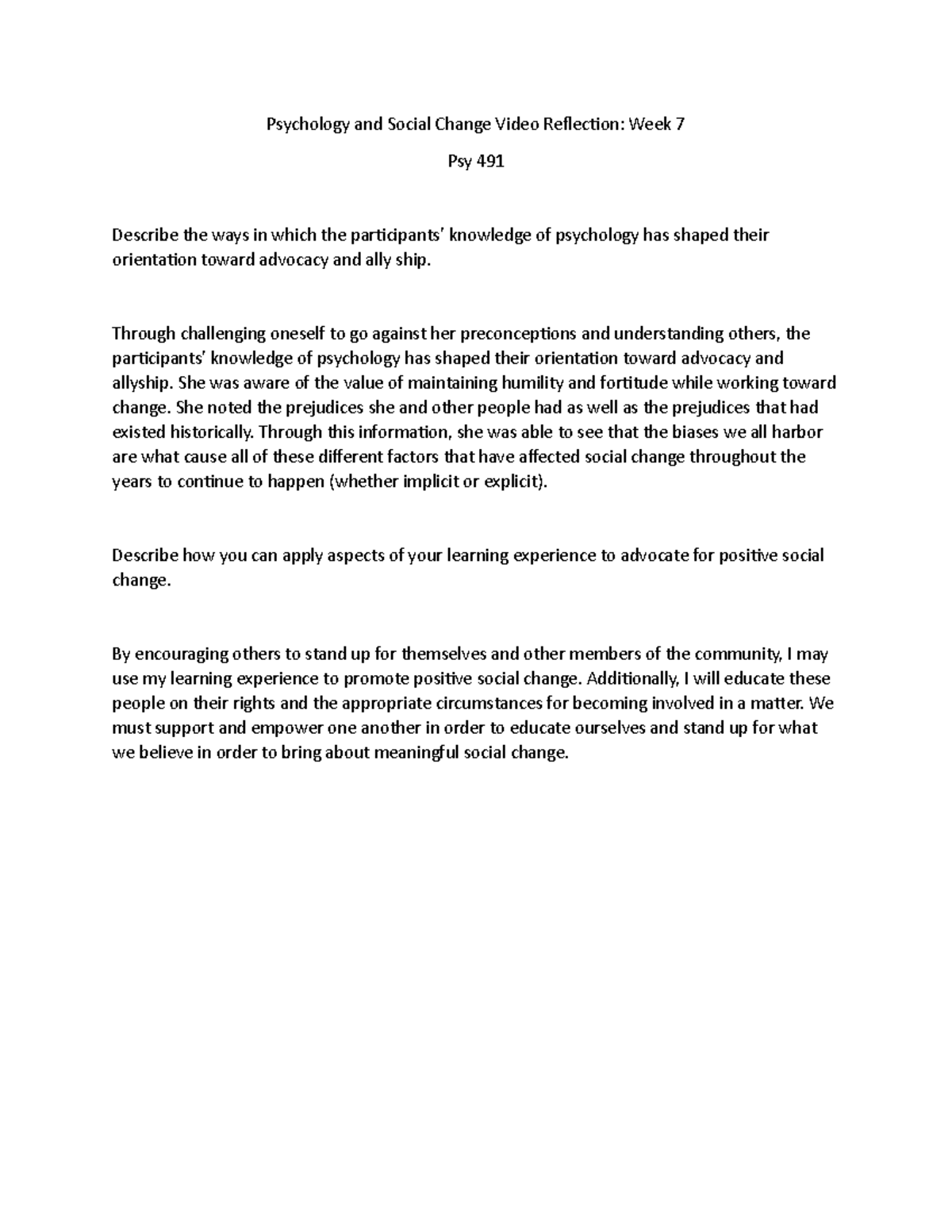 Psychology and Social Change Video Reflection Week 7 psy491 - Through ...