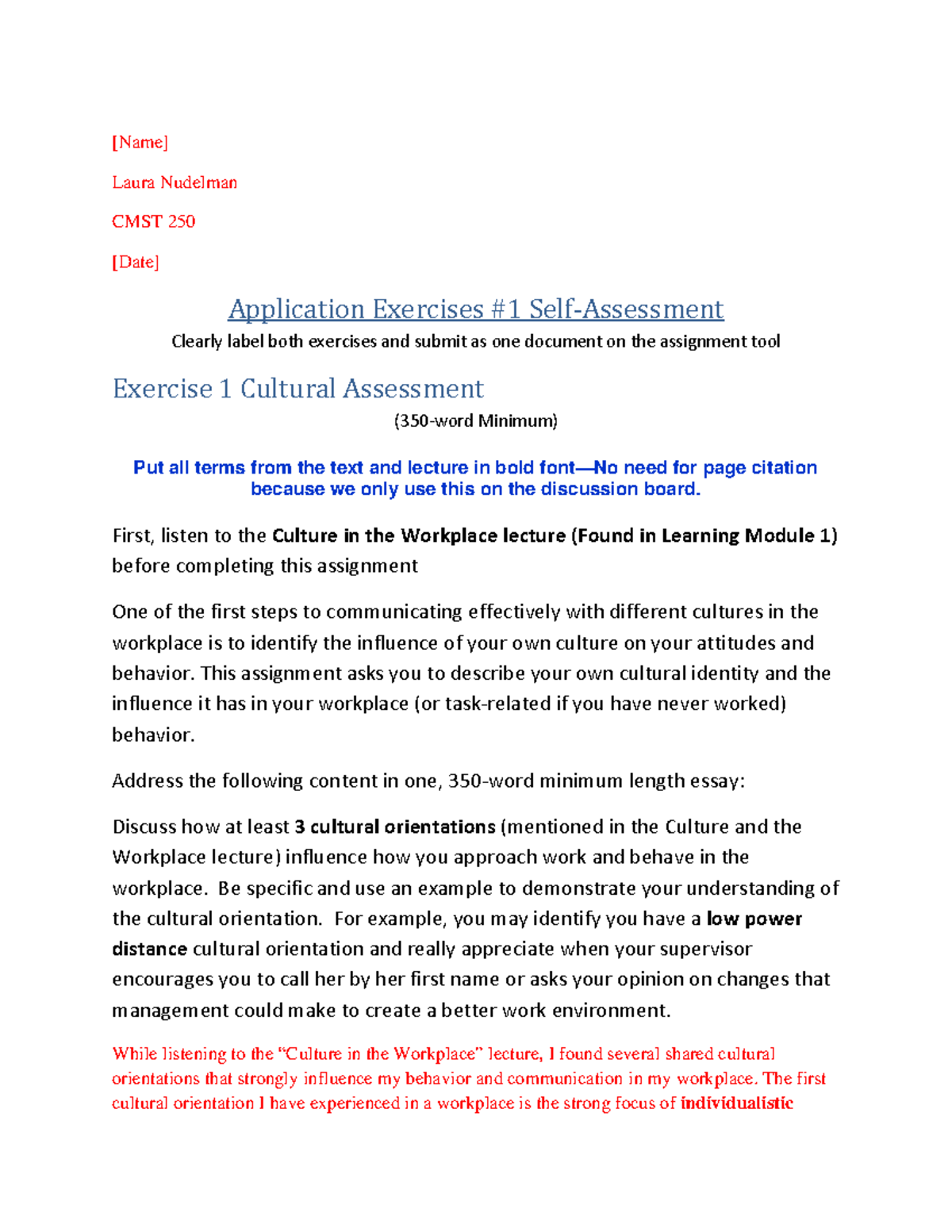 (CMST 250) Application Exercise 1 Self Assessment - Laura Nudelman CMST ...