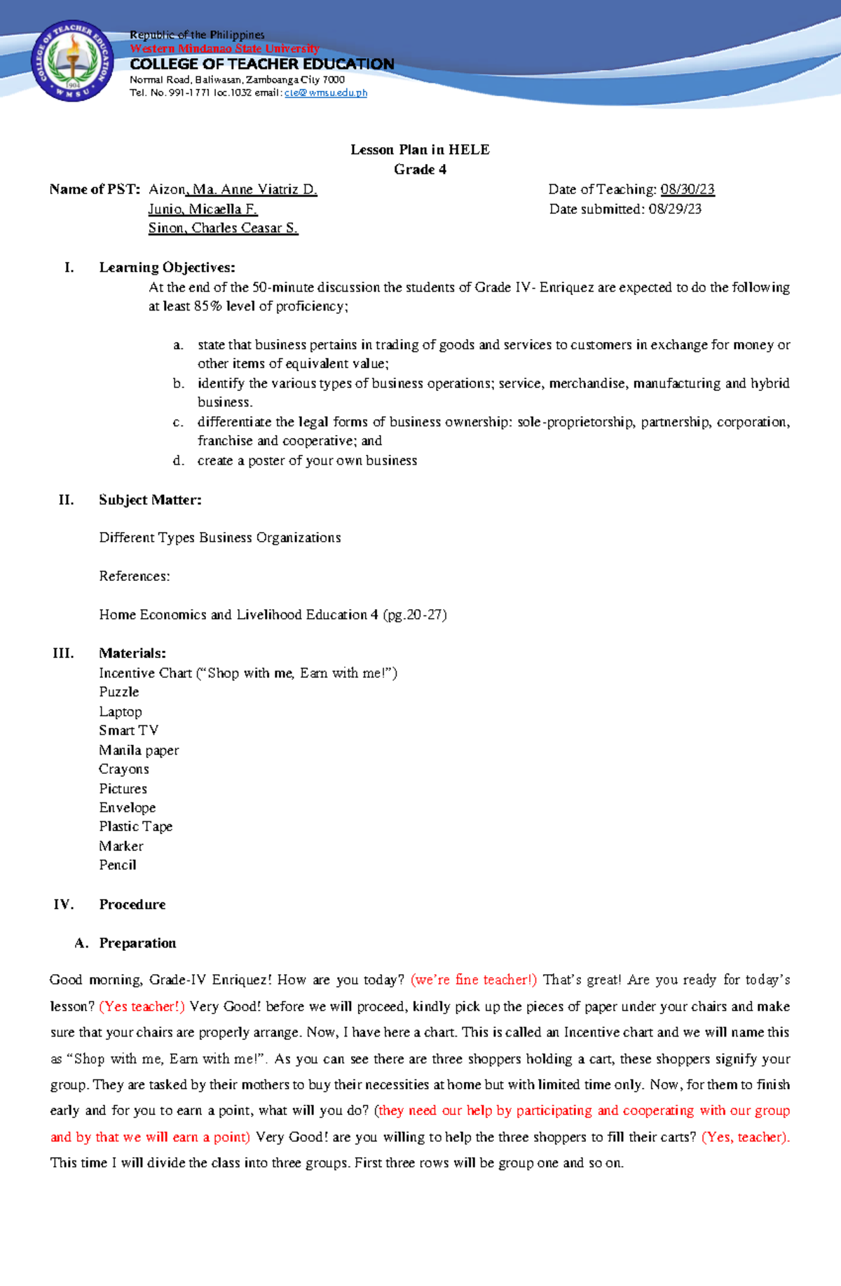 HELE Lesson Plan: Understanding Business Types in Grade 4 - Studocu