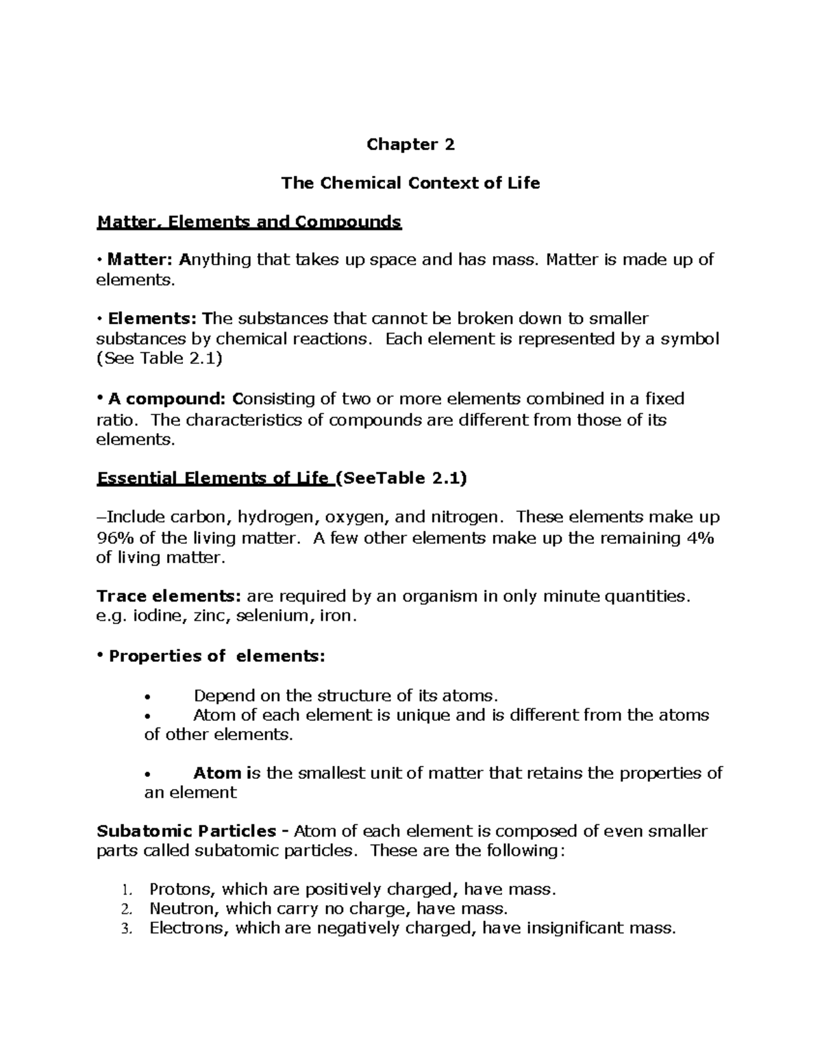 Chapter 2 notes - Chapter 2 The Chemical Context of Life Matter ...