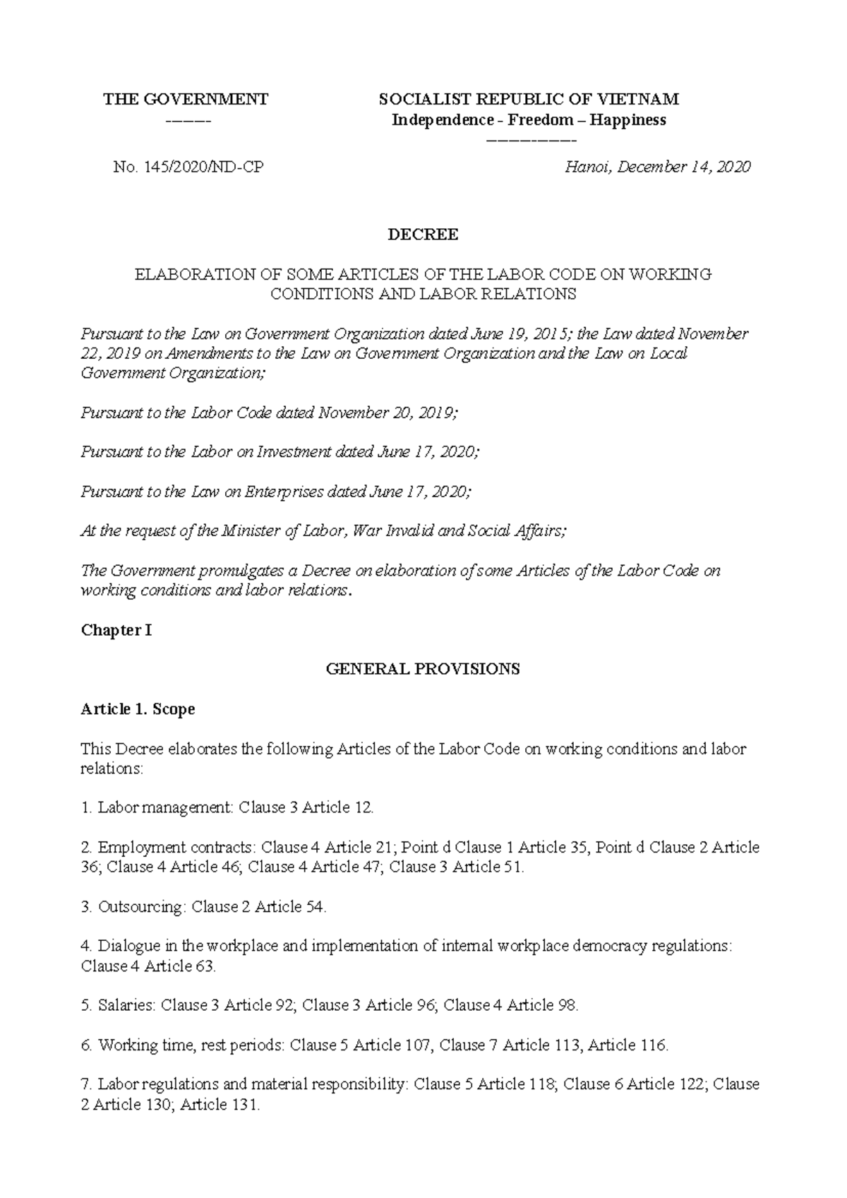 Decree No. 145/2020/ND-CP on Labor Code Articles: Working Conditions ...