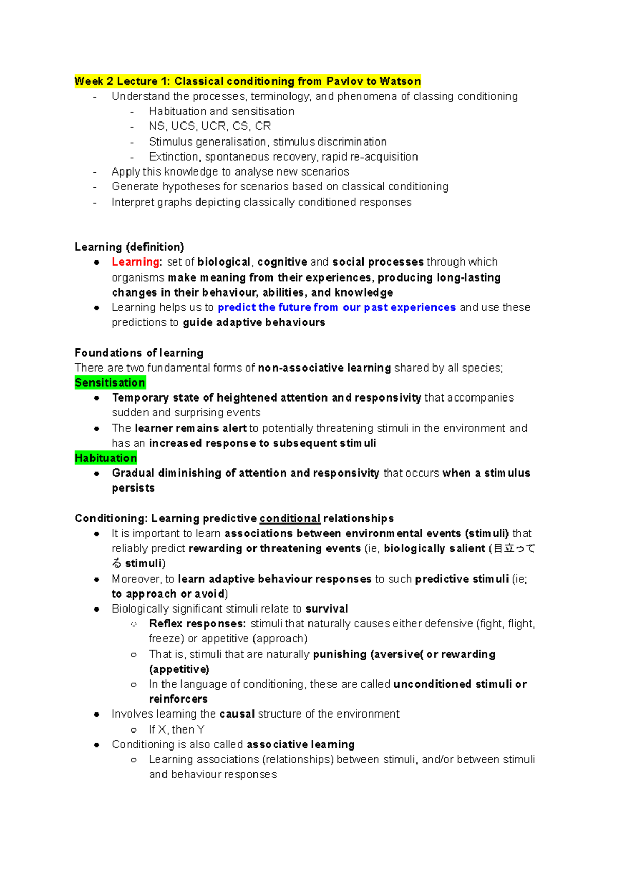 MBB1 Week 2 Lecture Notes: Classical & Operant Conditioning Insights ...