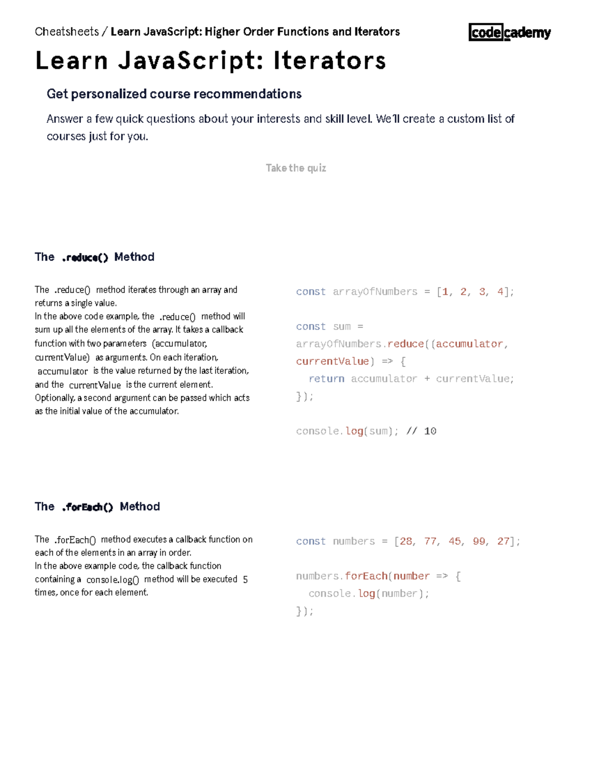 Cheatsheets: JavaScript Higher Order Functions & Iterators - Studocu