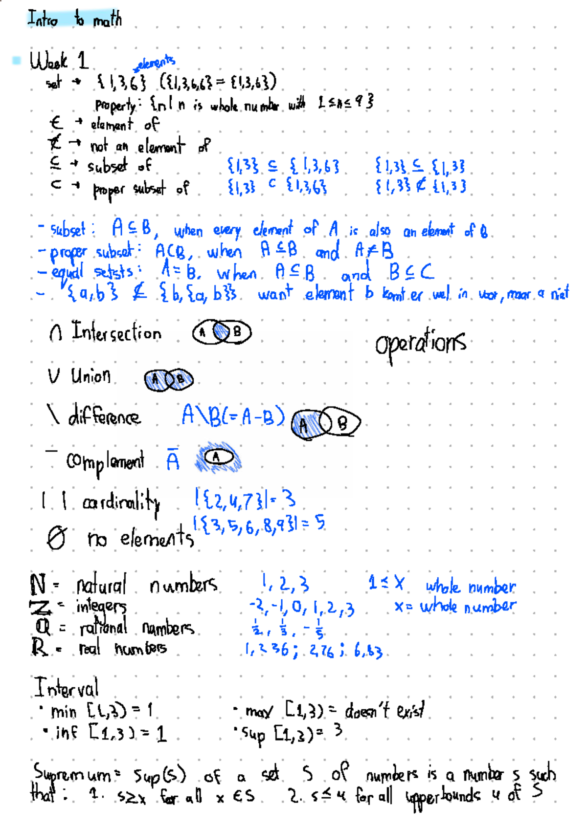Intro to Math: Week 1 Summary on Set Properties and Operations ...