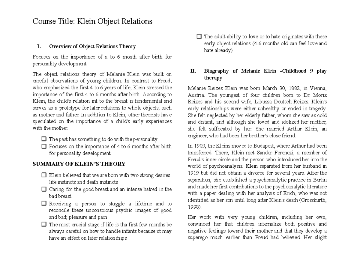Klein's Object Relations Theory: Importance of Early Relationships ...