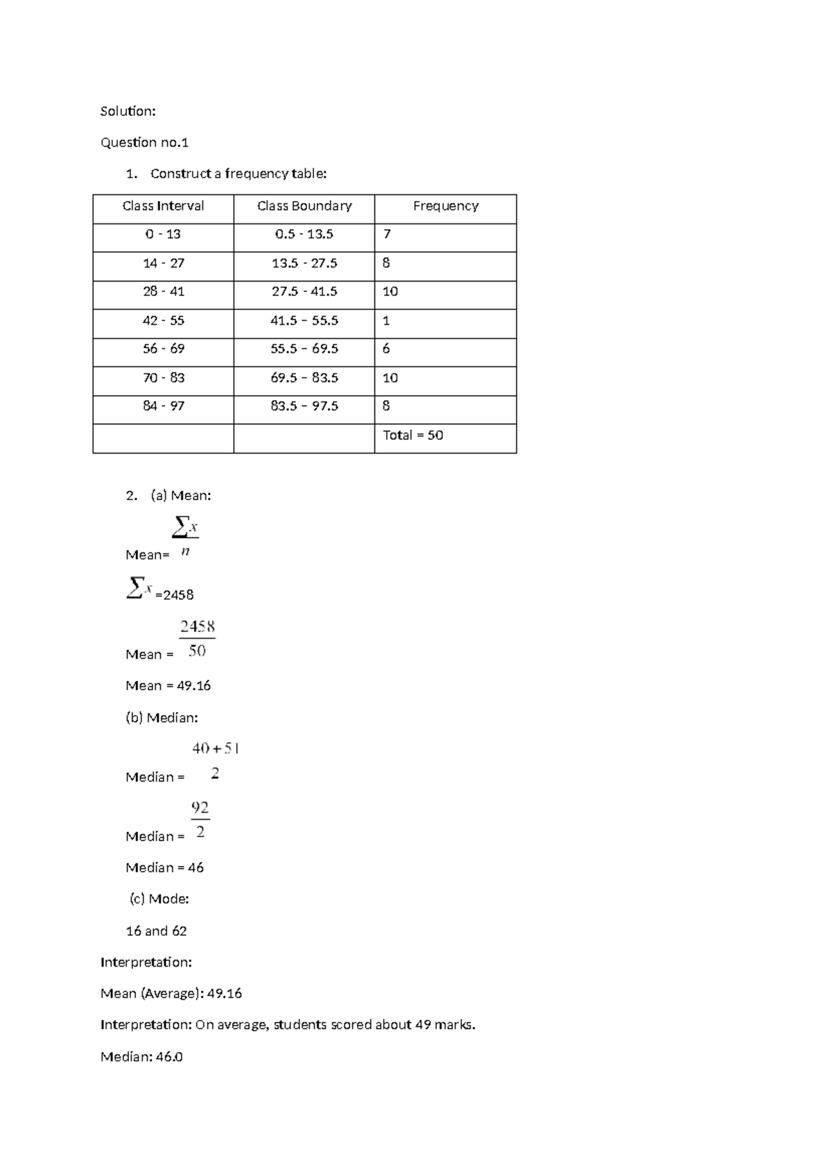 Statistical Analysis: Frequency Table & Measures of Central Tendency ...