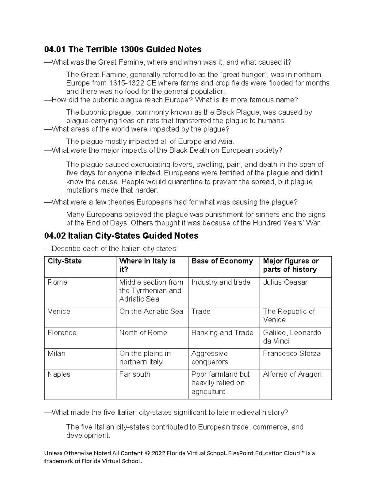 Guided Notes on Medieval Europe and the Renaissance (Chapters 4.1-4.3 ...