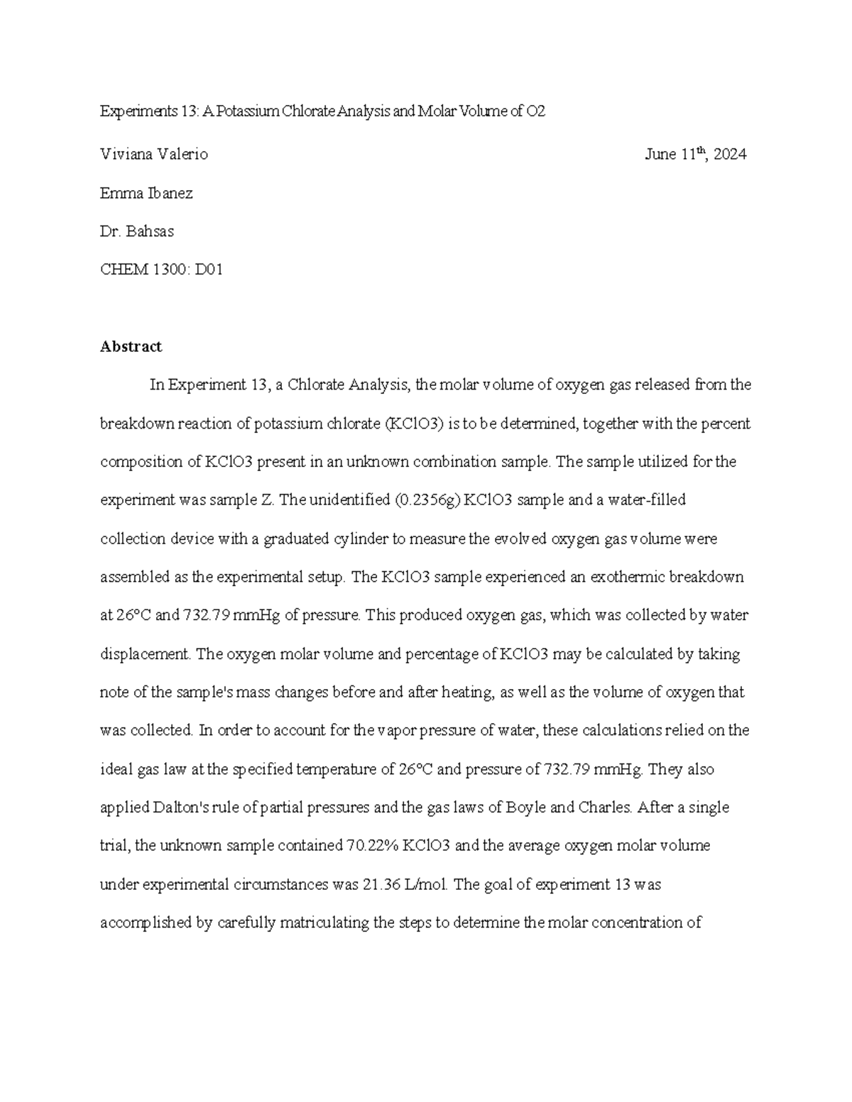 Lab report 13: Molar volume of oxygen from potassium chlorate analysis ...