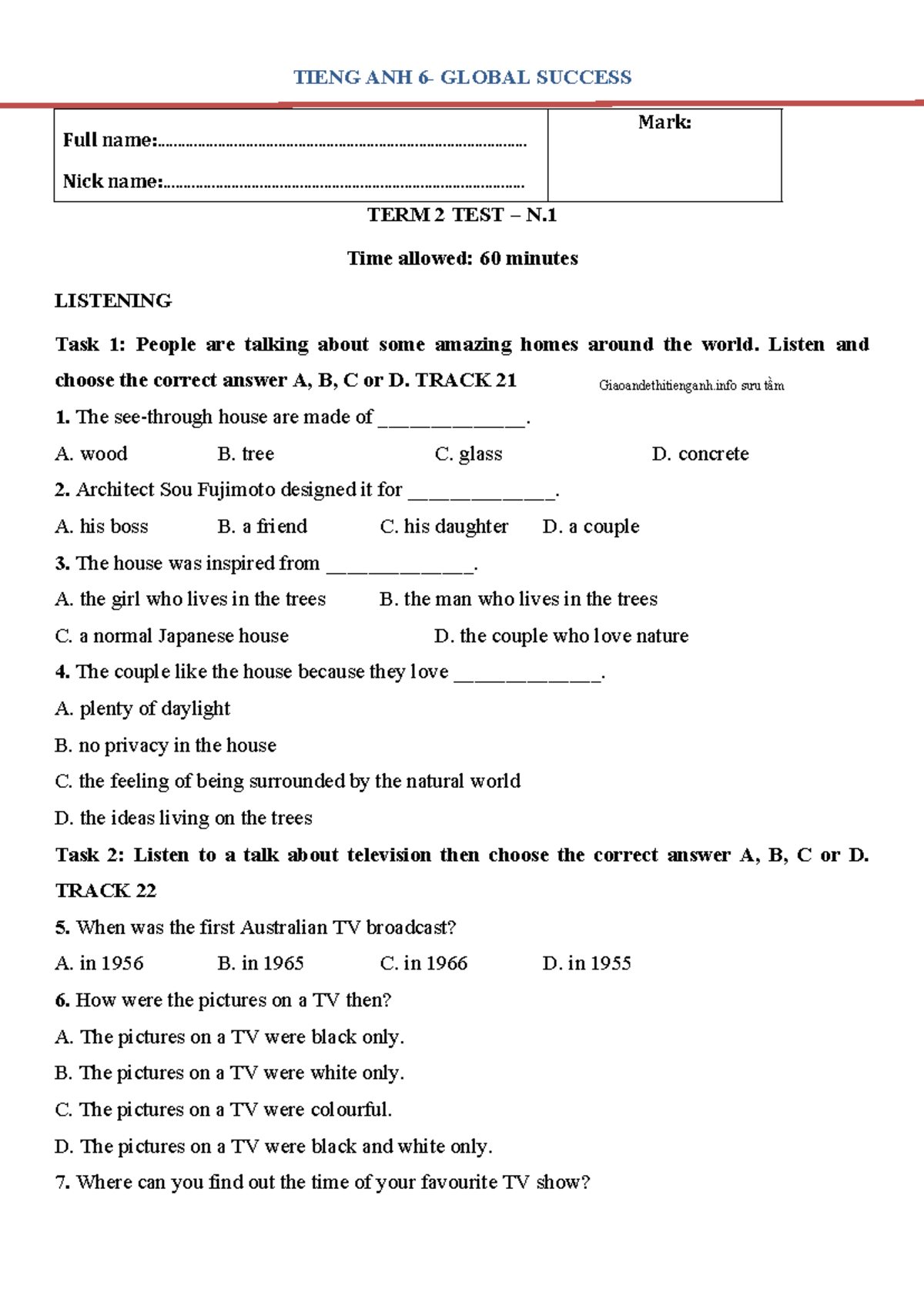 TIENG ANH GLOBAL SUCCESS: TERM 2 TEST N.1 Listening & Speaking Tasks ...