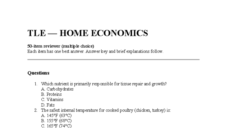 TLE Home economics Reviewer 1 - TLE — HOME ECONOMICS 50-item reviewer ...
