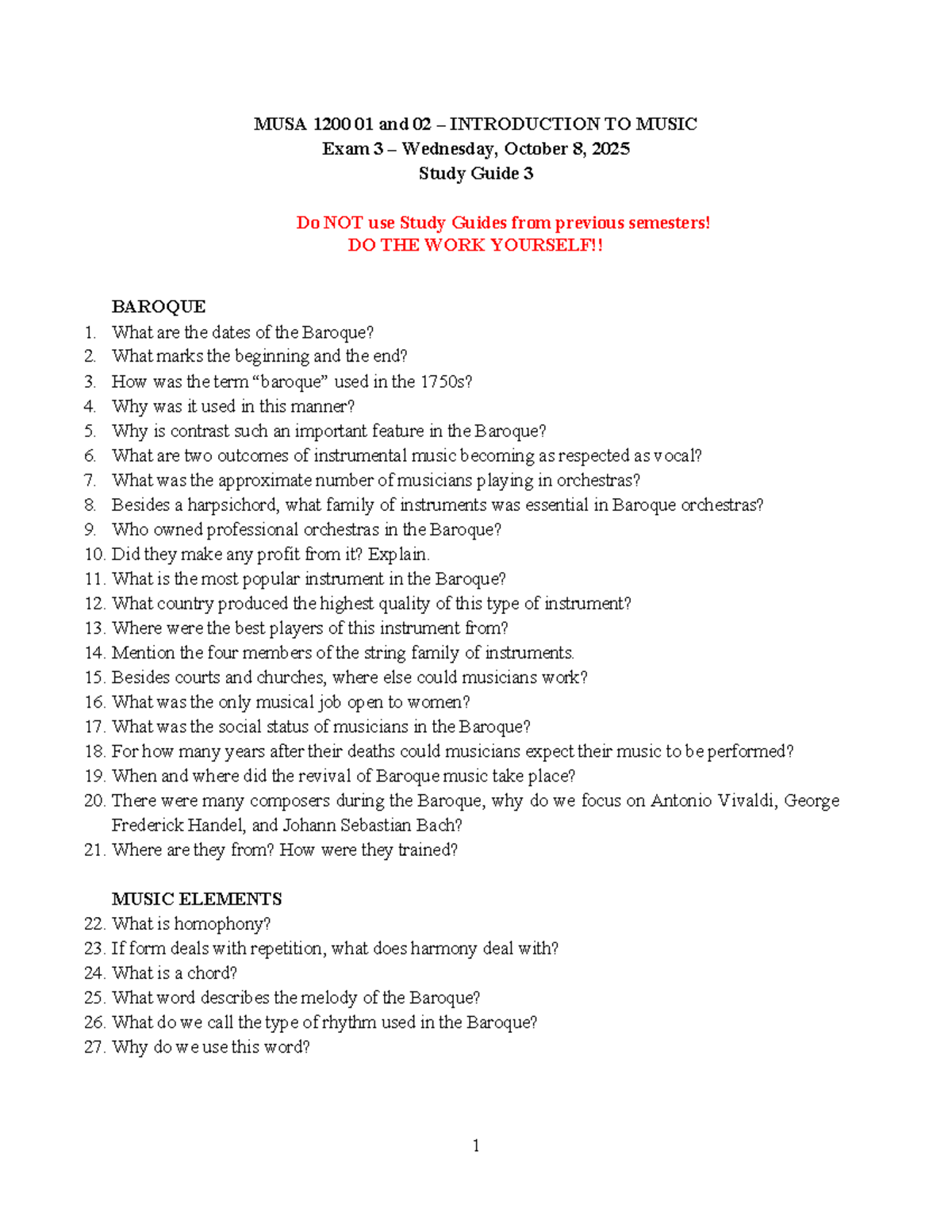 MUSA 1200 Exam 3 Study Guide: Baroque Music Essentials - Studocu