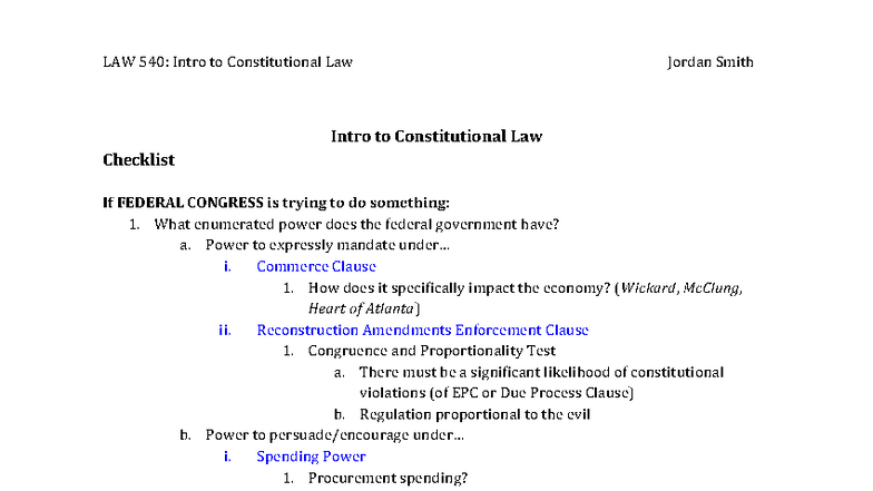 LAW 540: Final Outline for Intro to Constitutional Law - Studocu