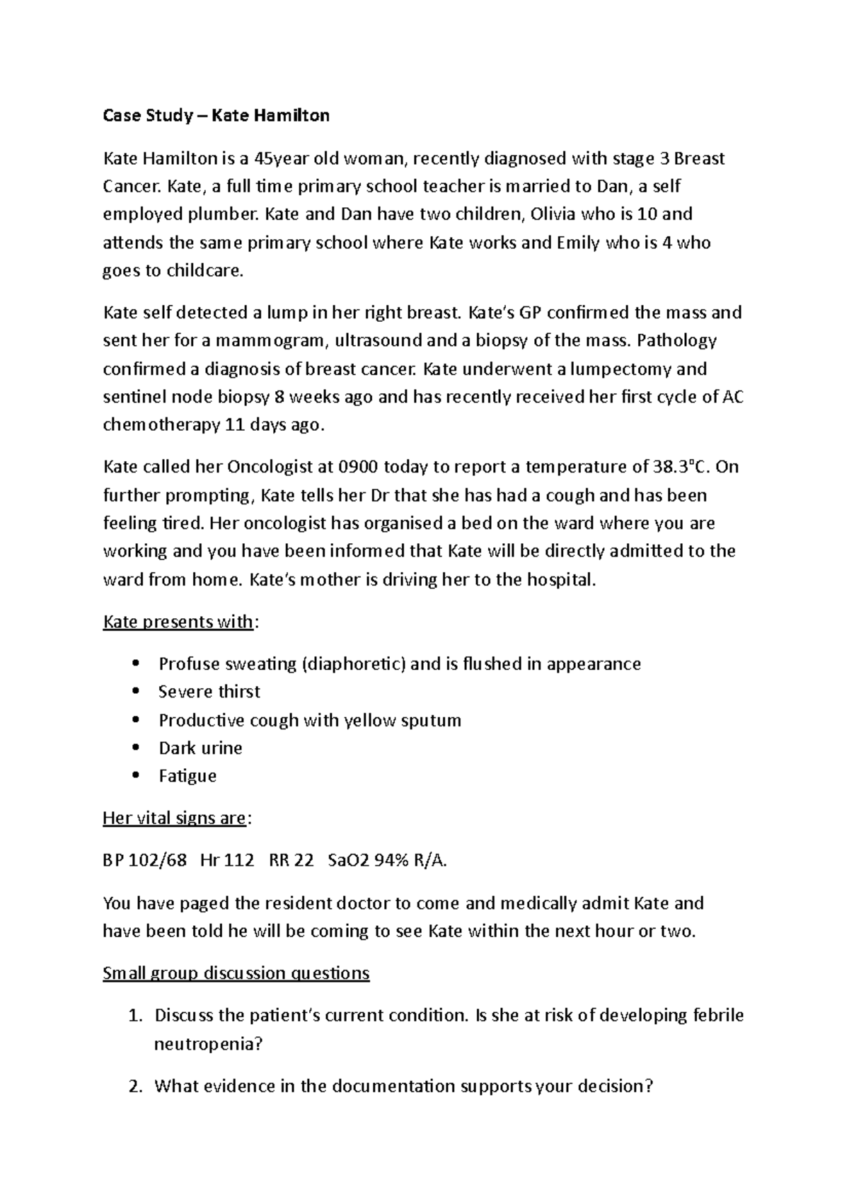 Case Study - Breast Cancer Patient Kate Hamilton (Oncology) - Studocu