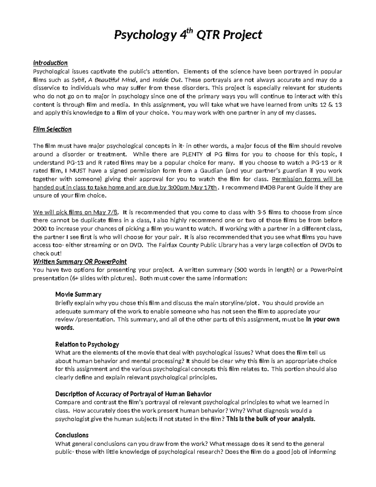 Psychology 4 QTR Project: Analyzing Films & Psychological Concepts ...