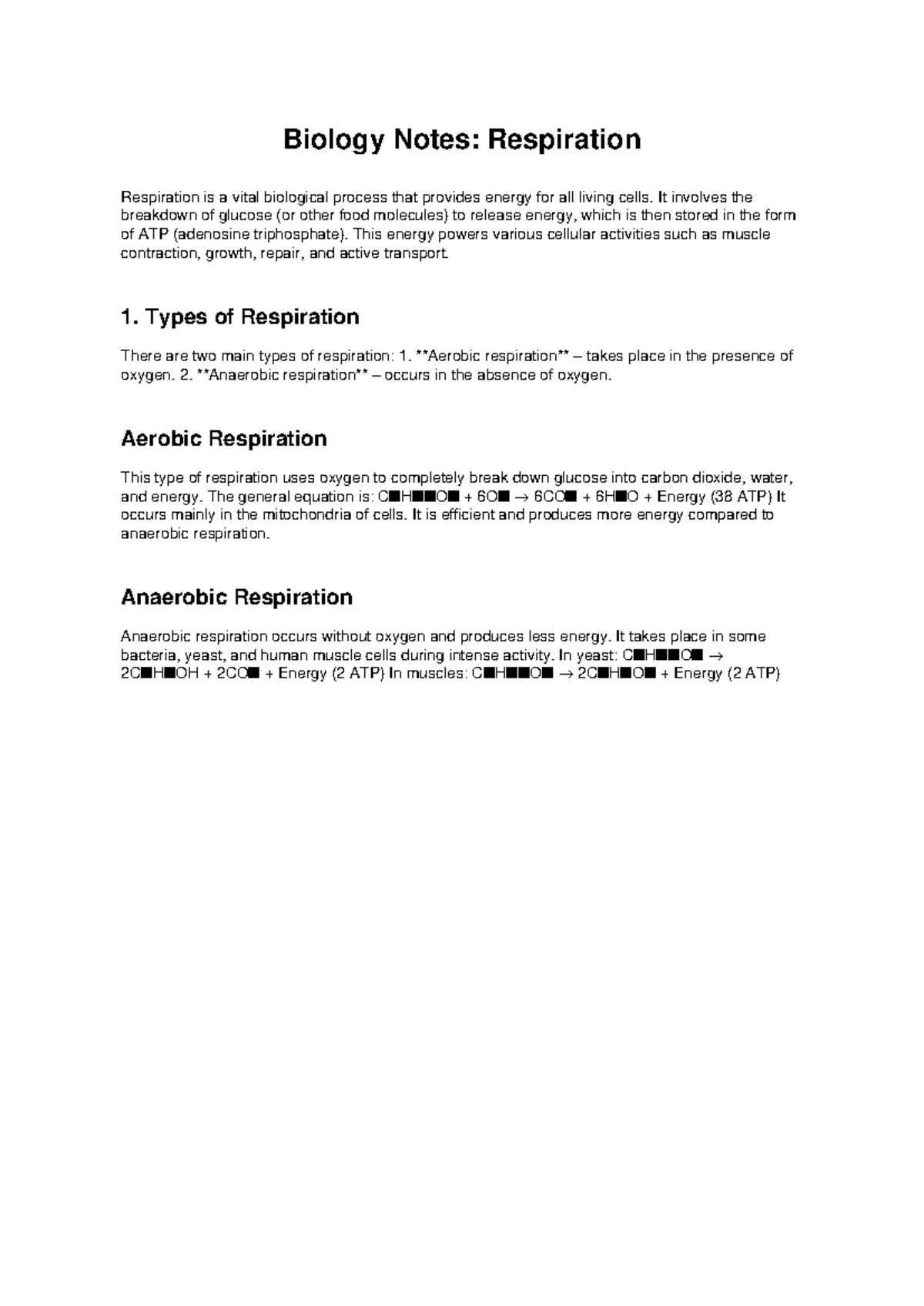 Biology Notes: Respiration Overview and Types - Studocu