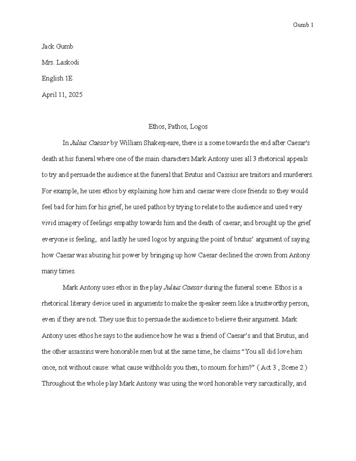Comp 6 - Ethos, Pathos, Logos in Julius Caesar Analysis - Studocu