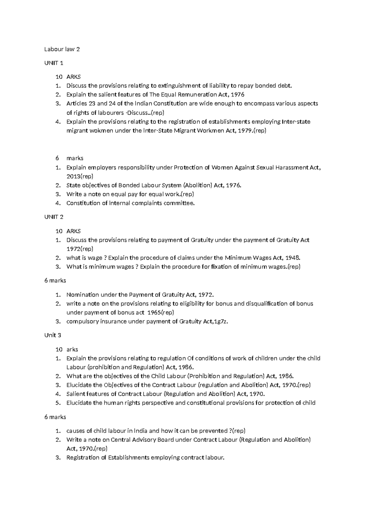 Labour Law 2: Key Provisions and Acts Overview - Studocu