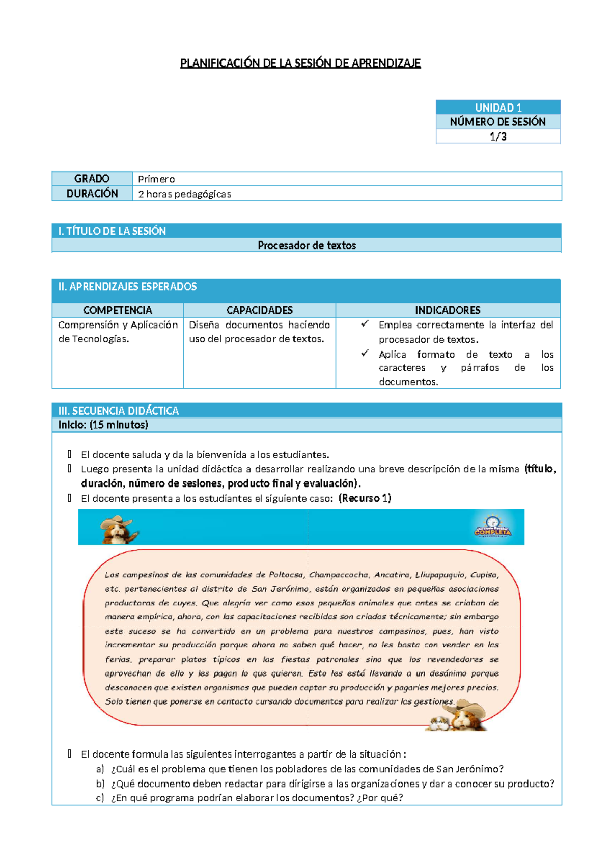 EPT1-U1-S1 - Planificación de la Sesión de Aprendizaje: Procesador de ...