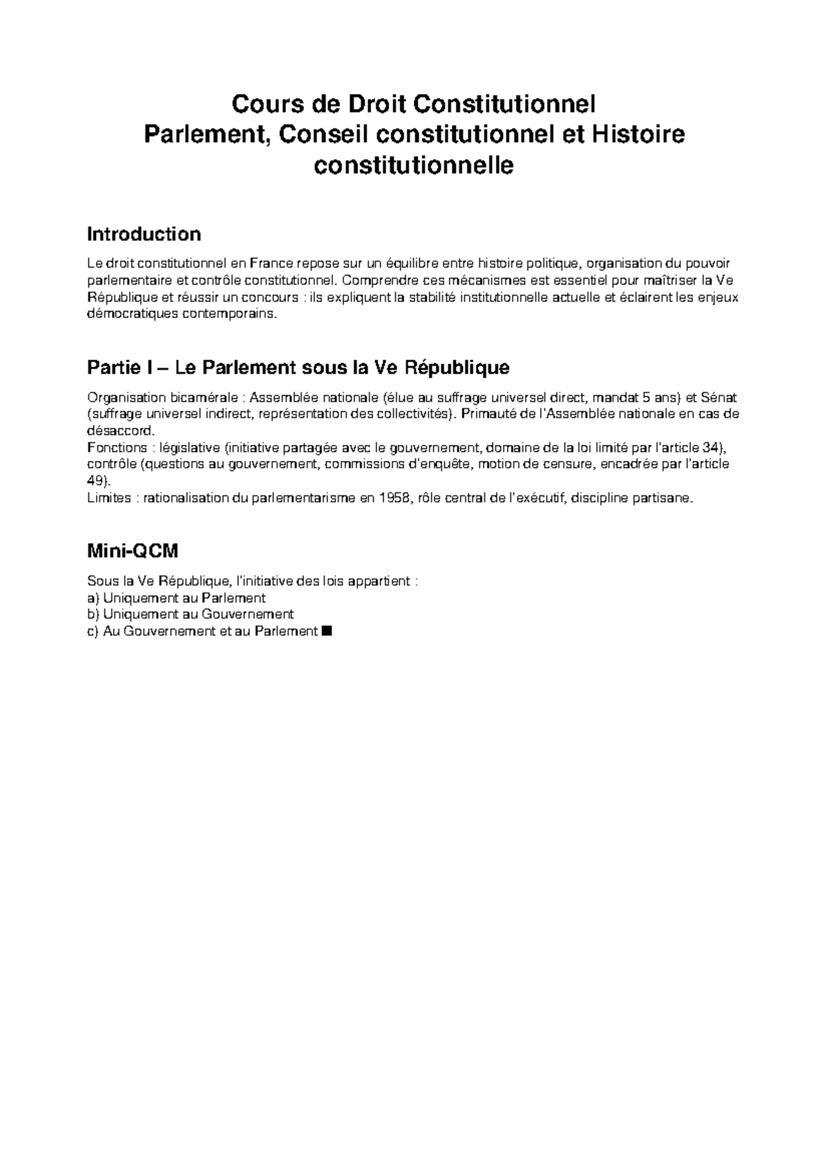 Cours de Droit Constitutionnel : Parlement et Conseil - Studocu