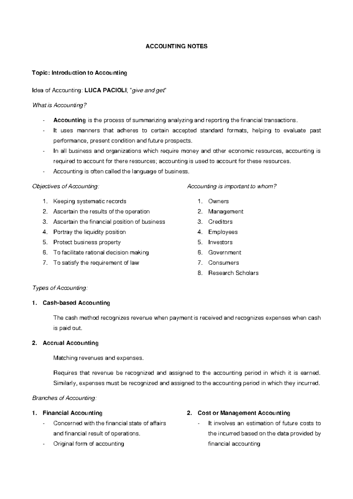 Accounting Notes - ACCOUNTING NOTES Topic: Introduction to Accounting ...