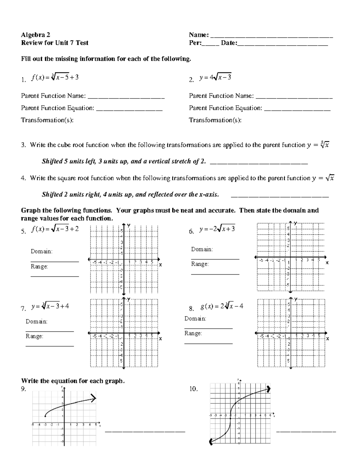 Algebra 2 Unit 7 Test Review Notes and Problem Solutions - Studocu