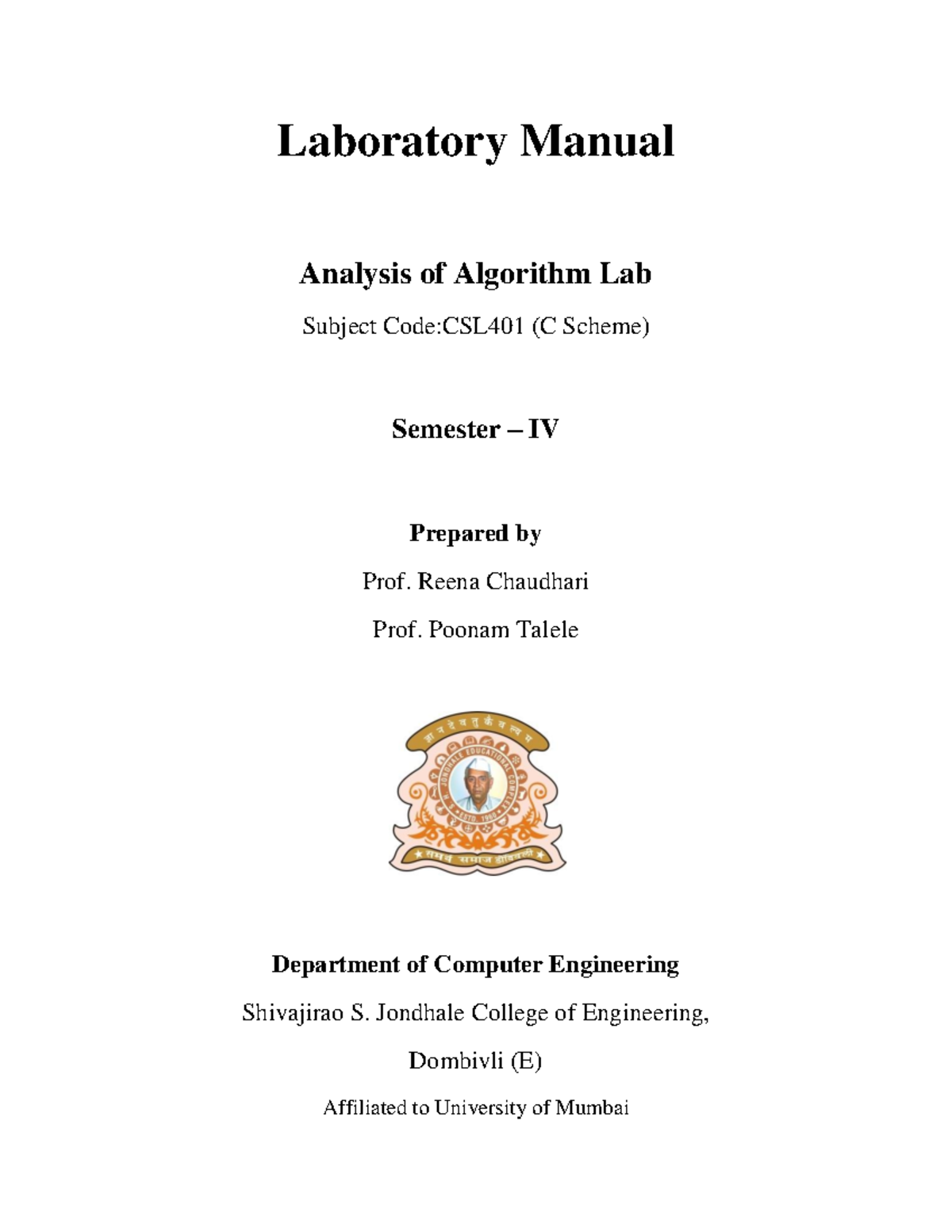 CSL401 - AOA Lab Manual: Algorithms Explained for Semester IV - Studocu