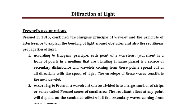 Fresnel's Diffraction of Light: Principles & Half Period Zones - Studocu
