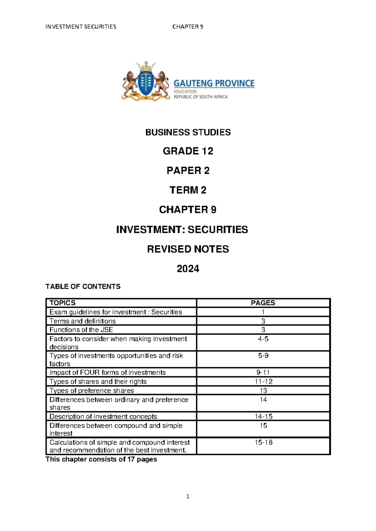 Investment Securities Chapter 9: Revised Notes for Business Studies ...