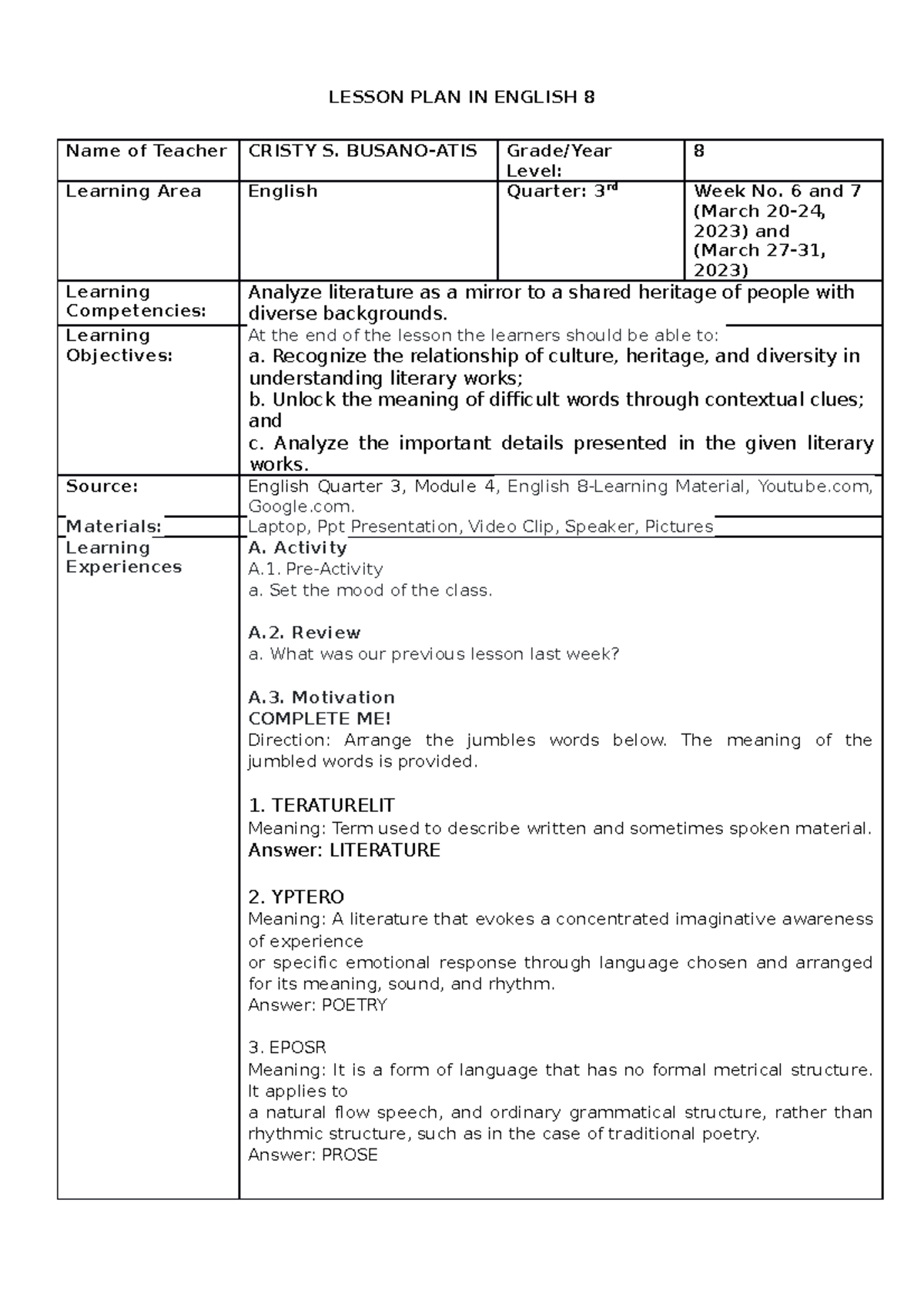 English 8 Literature Lesson Plan: Cultural Diversity Analysis - Studocu