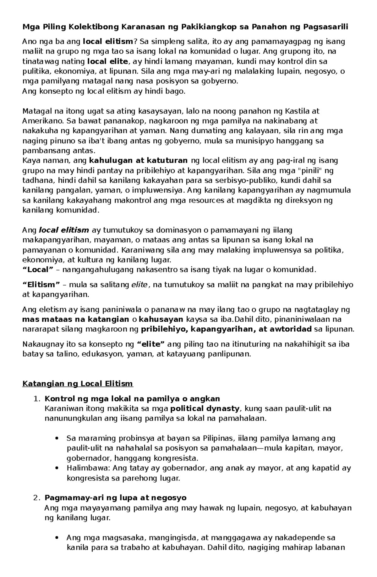 Mga Piling Karanasan sa Local Elitism: Isang Pagsusuri (Q2 W6) - Studocu