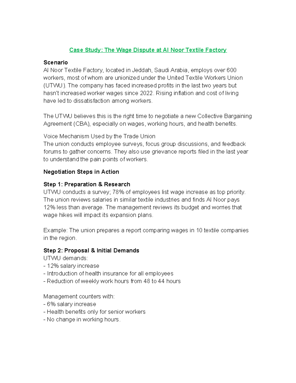 Case Study: Wage Dispute at Al Noor Textile Factory (UTWU) - Studocu