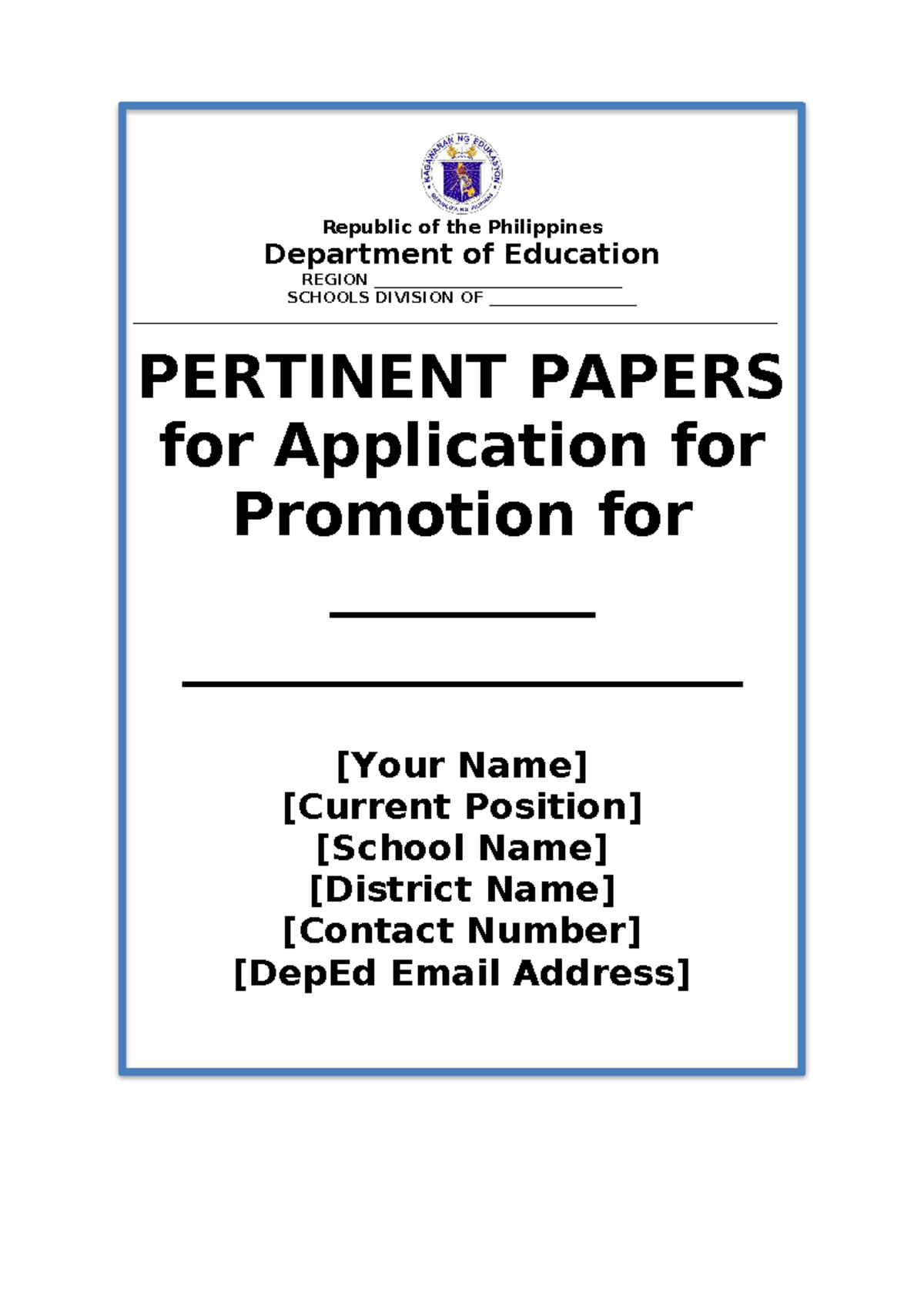 Folder Cover PAGE of Pertinent Documents FOR Application - Department ...