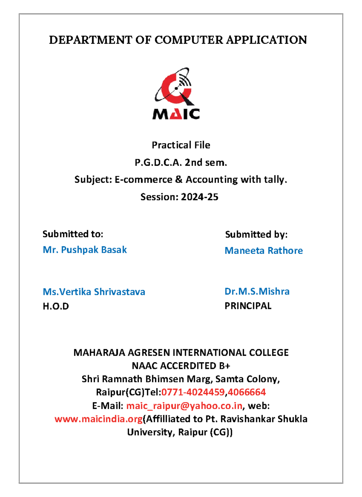 Practical File for Accounting with Tally - P.G.D.C.A. 2nd Sem. - Studocu